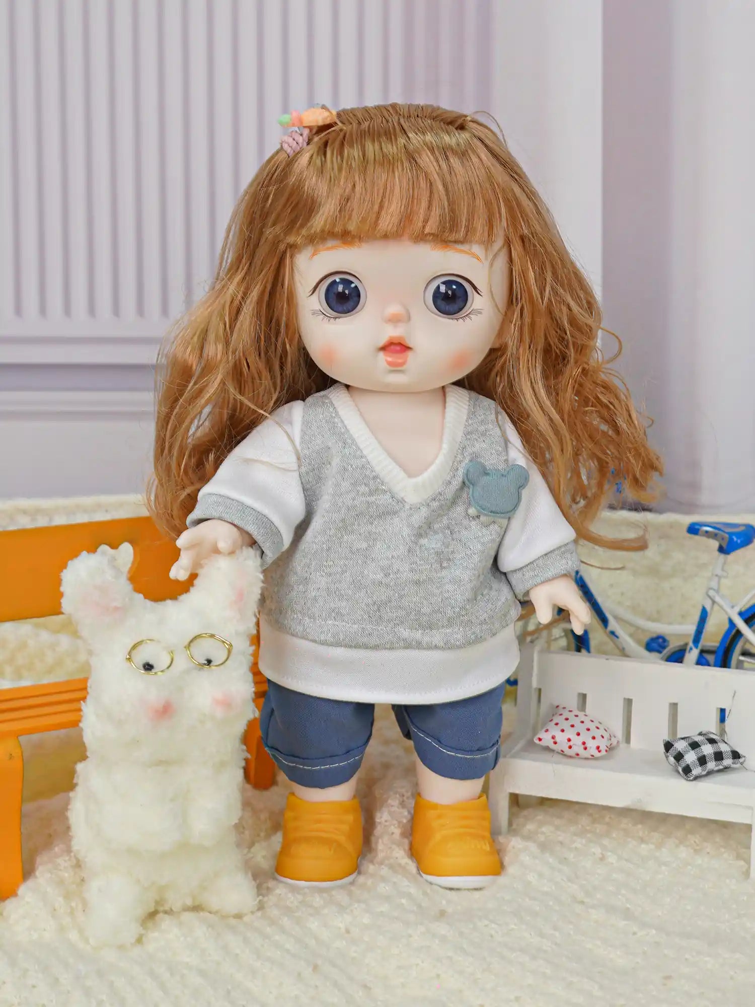 Chic Trendsetter Doll with Whimsical Blue Eyes and Casual Ensemble