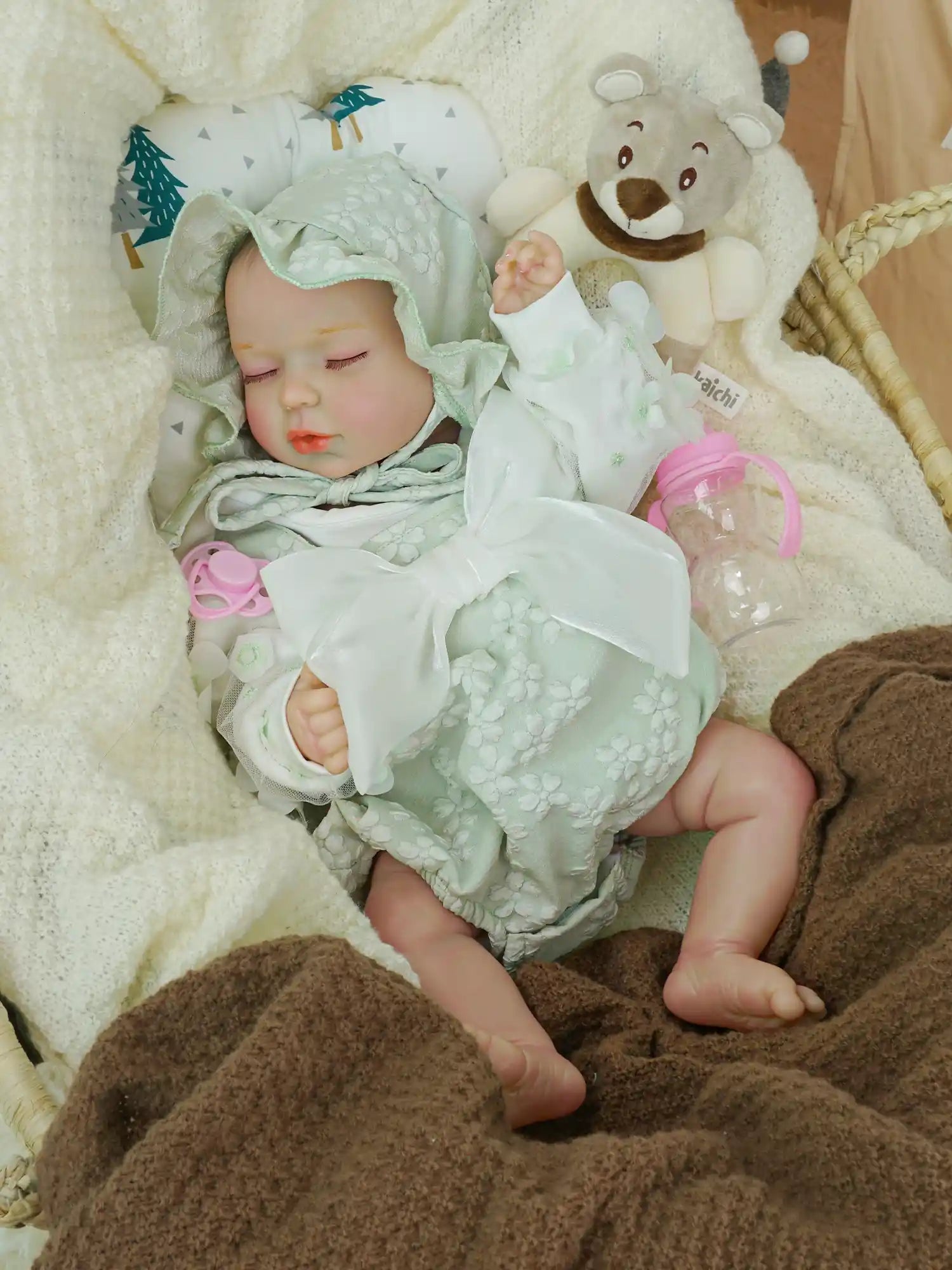 Reborn Baby Dolls - Newborn in Green Floral Romper with Accessories