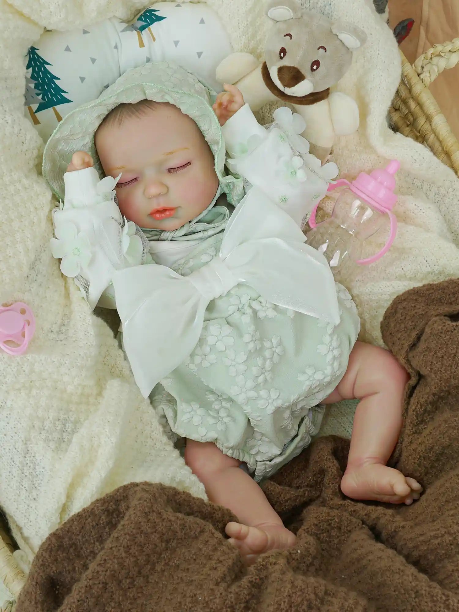 Reborn Baby Dolls - Newborn in Green Floral Romper with Accessories
