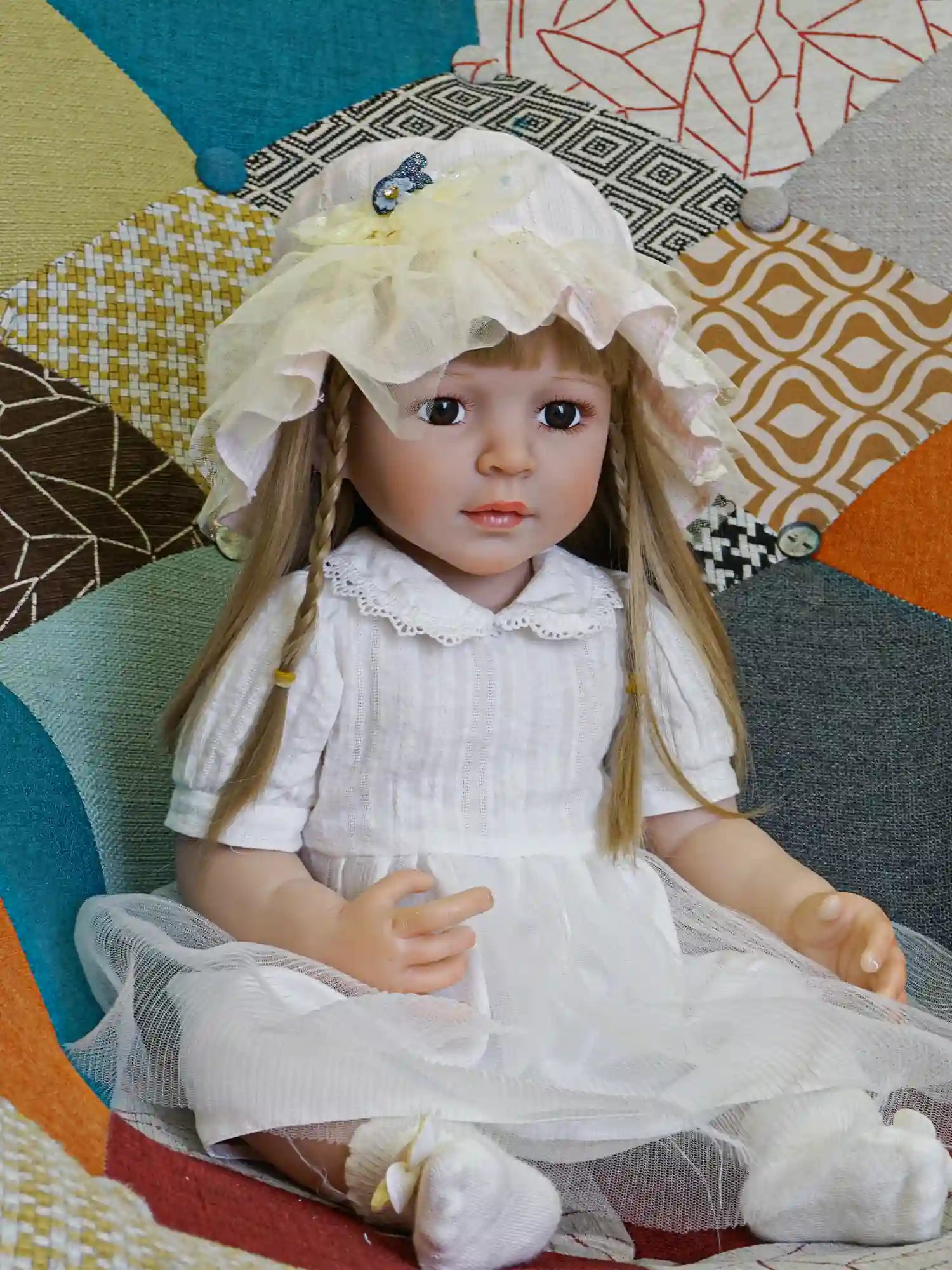 toddler doll, white countryside outfit, golden long hair